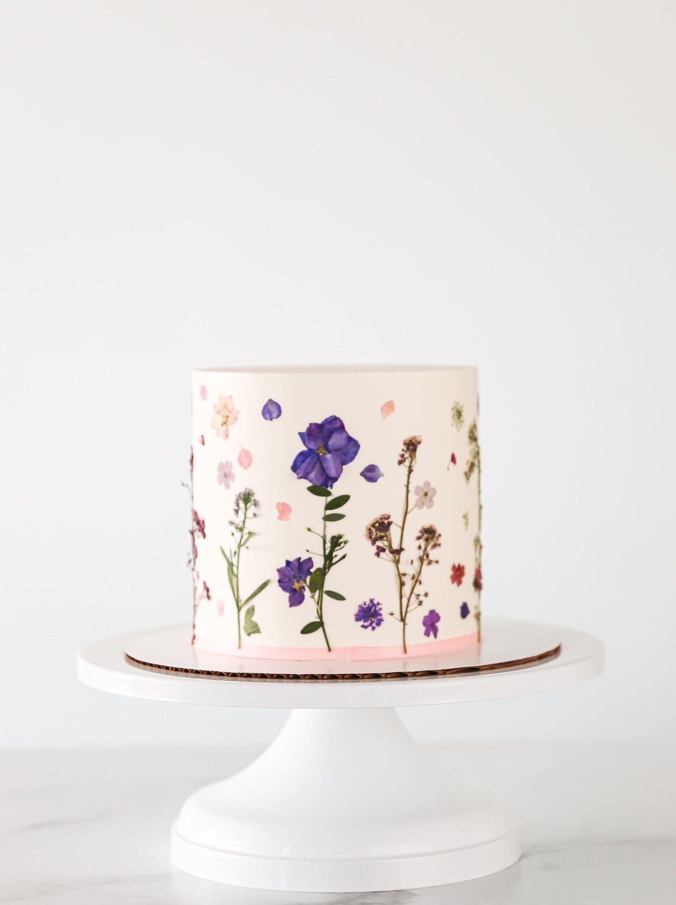Flowers for You Cake with Pressed Flowers and Pink Ribbon – Earth and Sugar